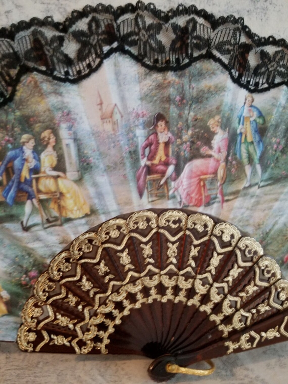 Lovely Vintage Ladies Hand Fan With Beautiful Scene and Black | Etsy