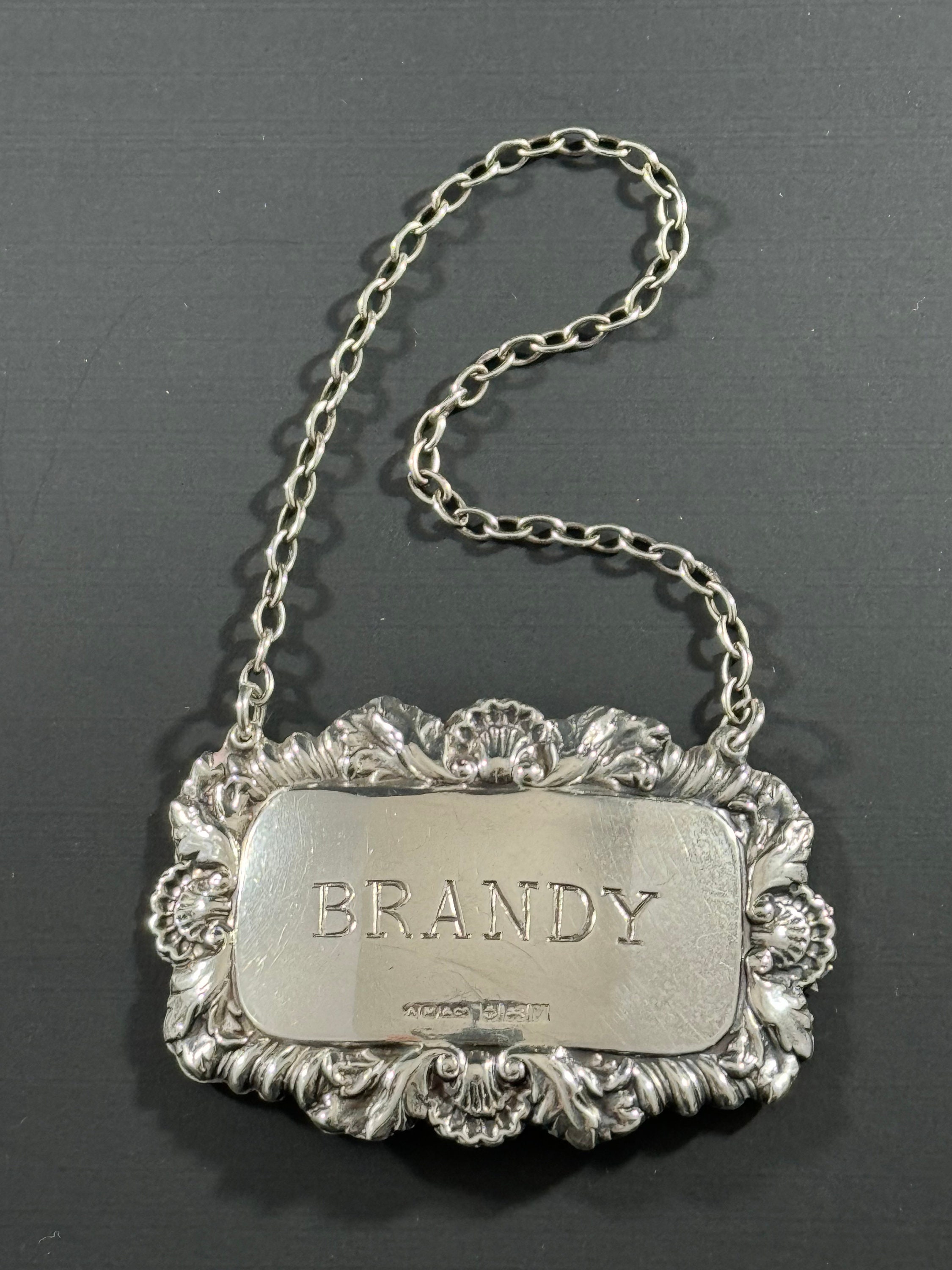 Beautiful Brandy Decanter Label English Sterling Silver Hallmarked for ...