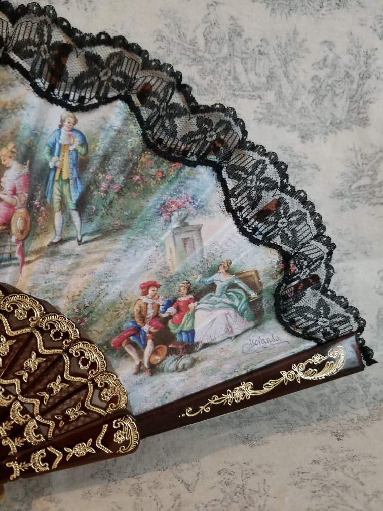 Lovely Vintage Ladies Hand Fan With Beautiful Scene and Black Lace ...