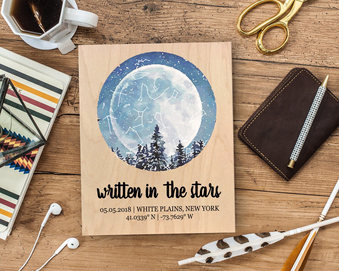First Kiss Custom Star Map on Wood Anniversary Gift for Him by Bnr ...