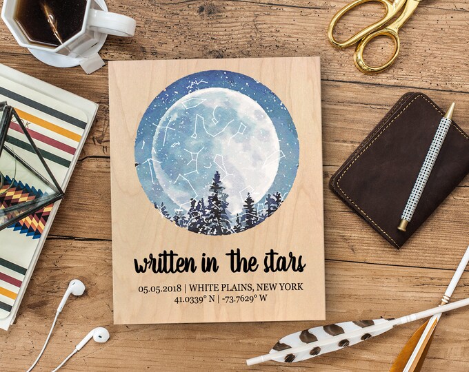First Kiss Custom Star Map on Wood Anniversary Gift for Him by Bnr ...
