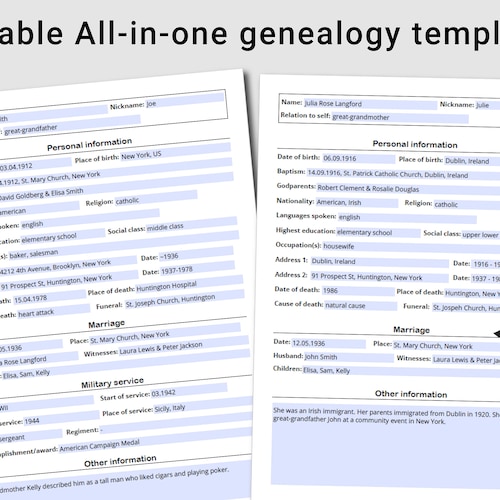 All-in-one Genealogy Template Clickable Printable A4 - Etsy