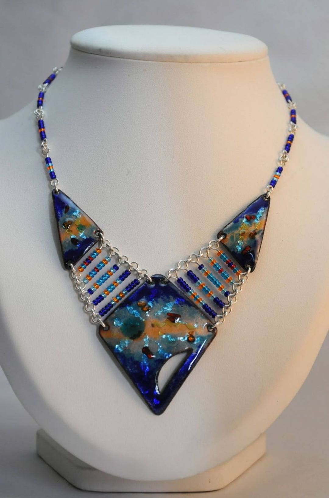 Blue Enamel Necklace With Silver Leaf Filaments - Etsy