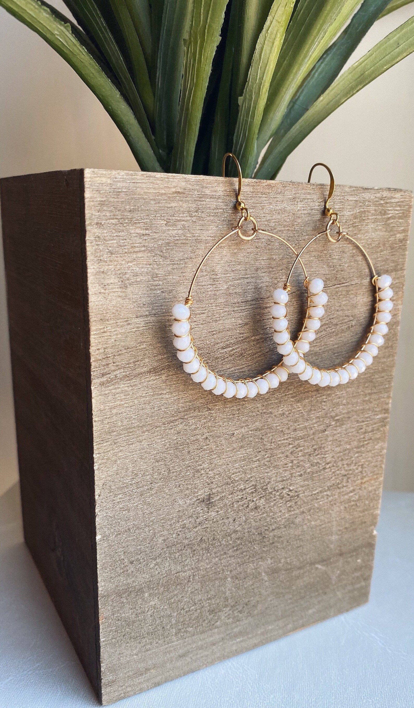 White Beaded Earrings / Hoop Earrings / Beaded Hoop Earrings / - Etsy