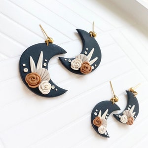 Mini Burnt Orange and Ivory Moon Earrings / Clay Moon Earrings / Dark ...