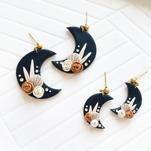Mini Burnt Orange and Ivory Moon Earrings / Clay Moon Earrings / Dark ...