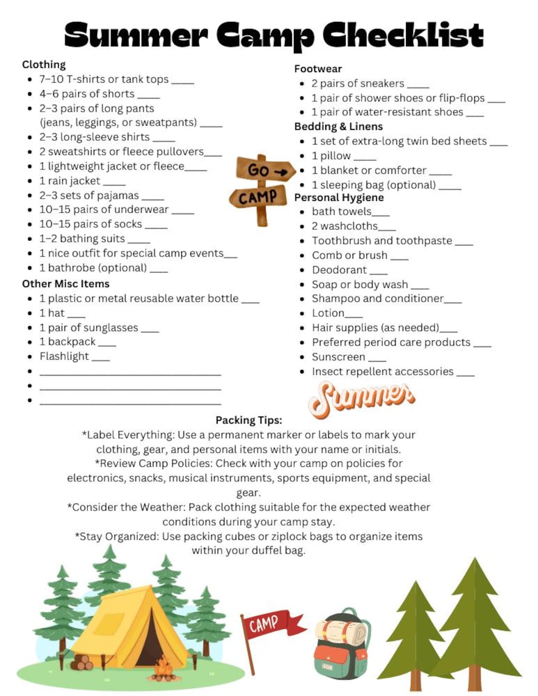 Summer Camp Checklist - Etsy