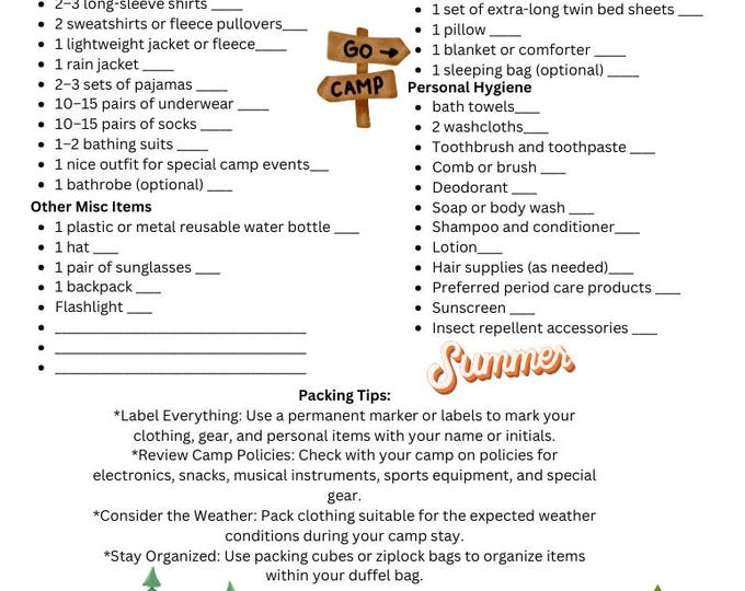 Summer Camp Checklist - Etsy