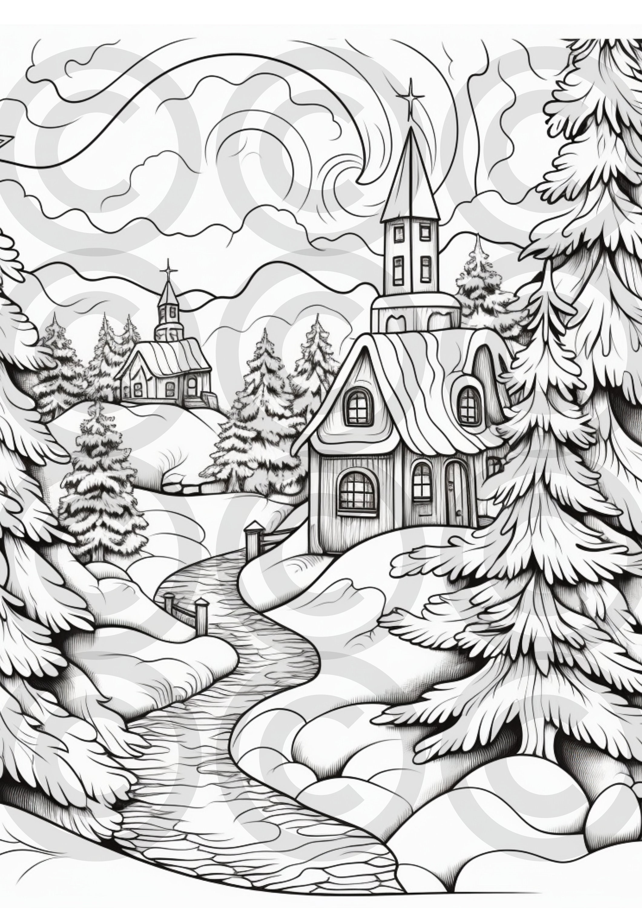 Holiday Winter Cottage 3 Coloring Page - Etsy