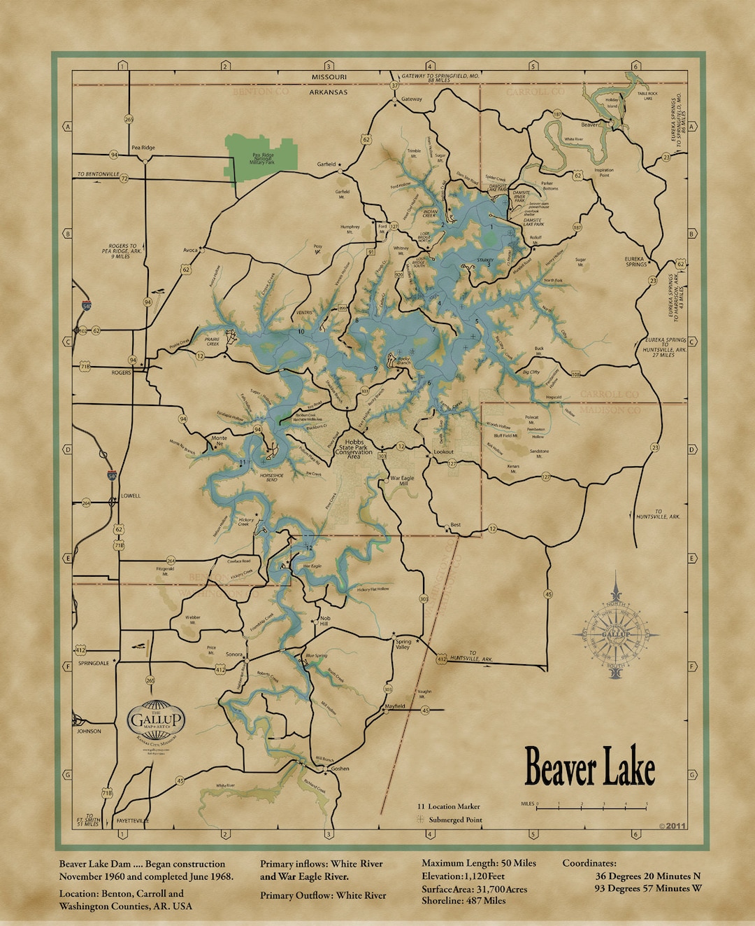 Beaver Lake Original Vintage Style Map With Lake Facts - Etsy