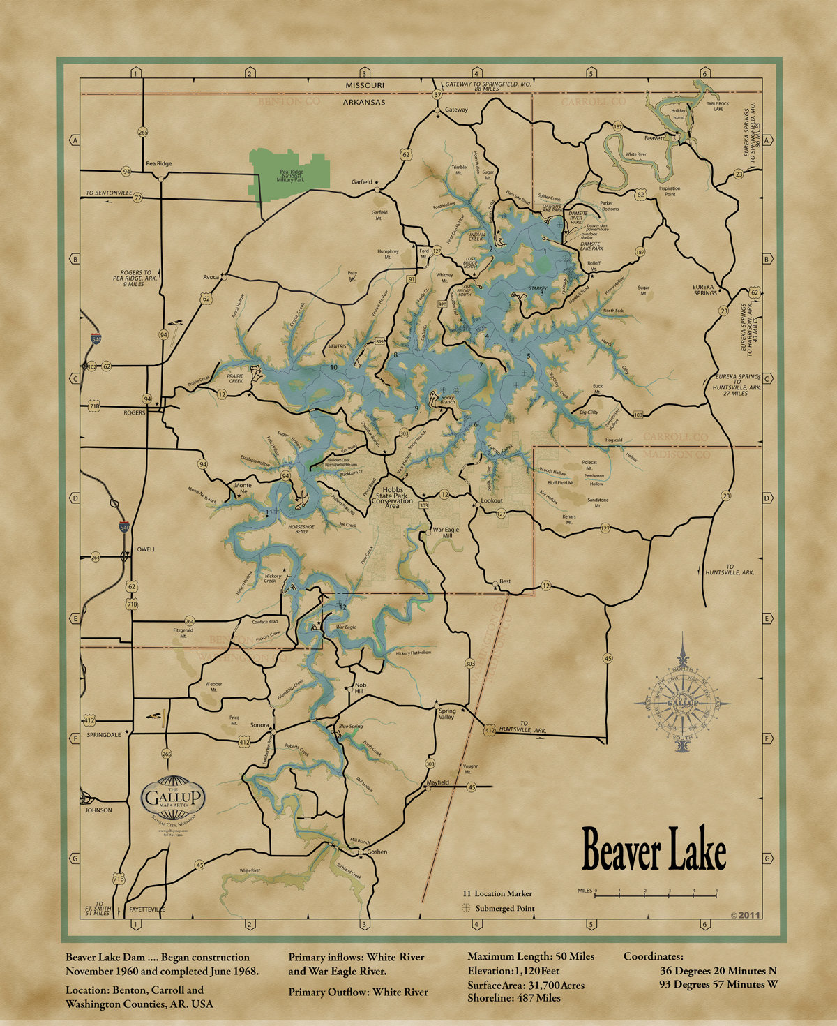 Beaver Lake Original Vintage Style Map With Lake Facts - Etsy