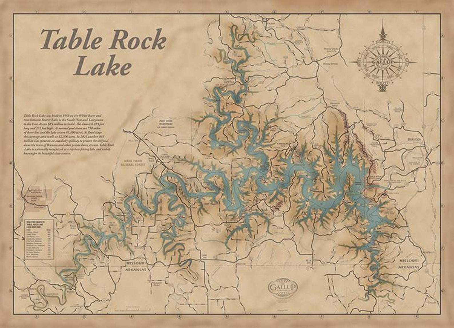 Table Rock Lake Map Vintage Classic Style - Etsy