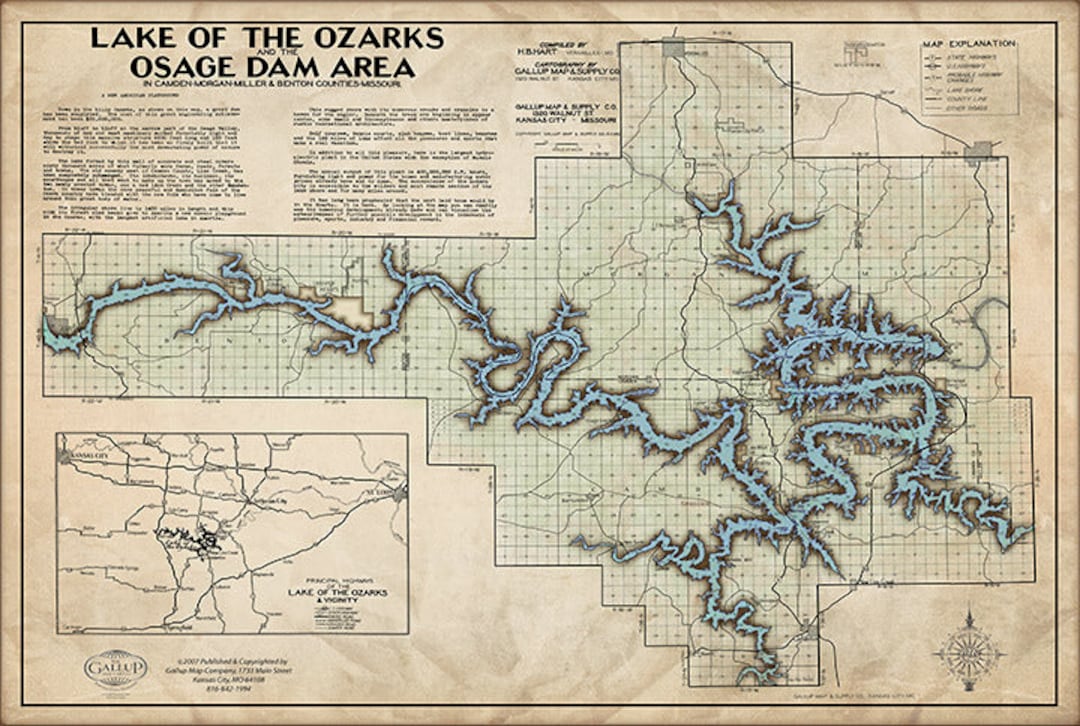 Vintage Lake of the Ozarks Old West Style Map With Mile Markers and ...