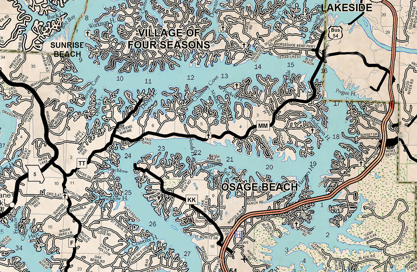 Lake of the Ozarks New and Old Combo Map Old West With Cove Names and ...