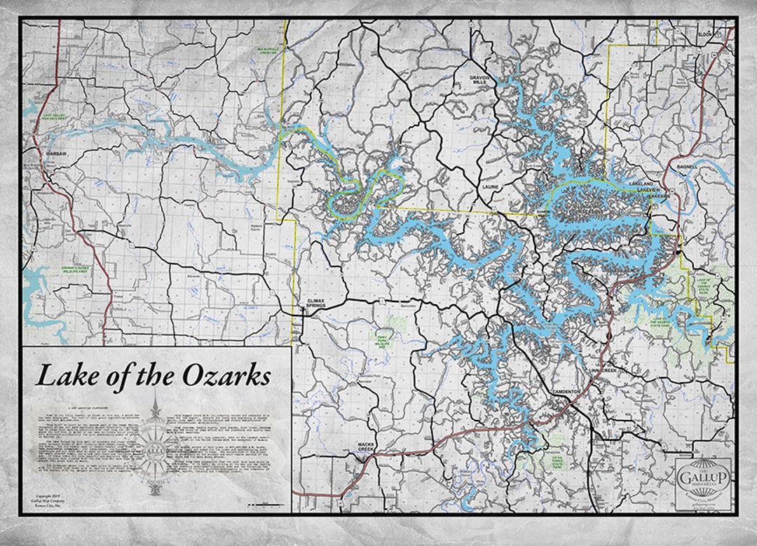 Lake of the Ozarks New and Old Combo Map Classic Gray With Cove Names ...