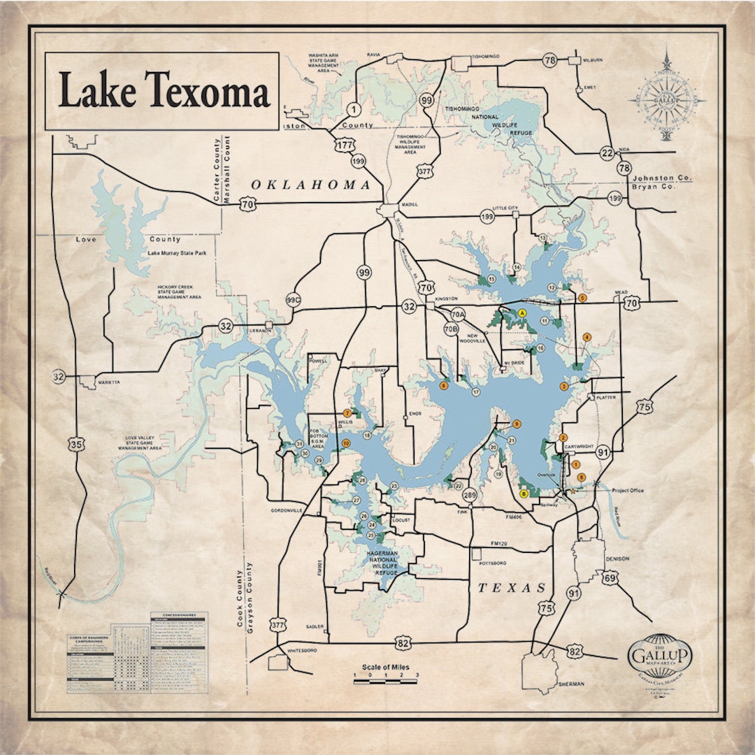 Lake Texoma Classic Sepia Map - Etsy