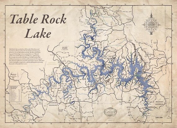 Table Rock Lake Map Vintage Old West Style | Etsy
