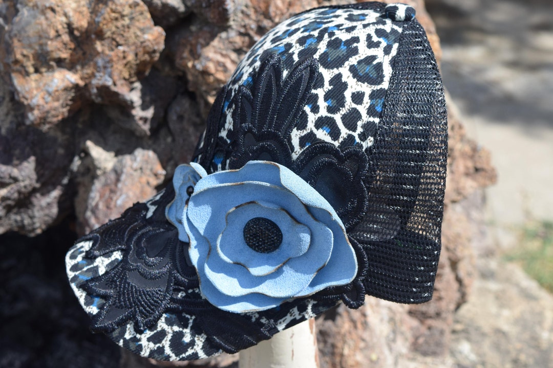 Blue and Black Leopard Trucker Hat, Leopard Hat, Trucker Cap, Flowered ...