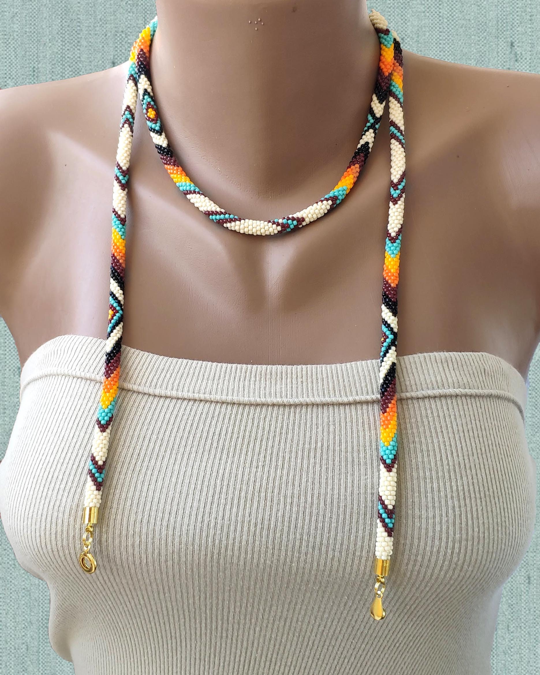 Native American Indian Style Necklace Thin Rope Necklace Long Crochet ...