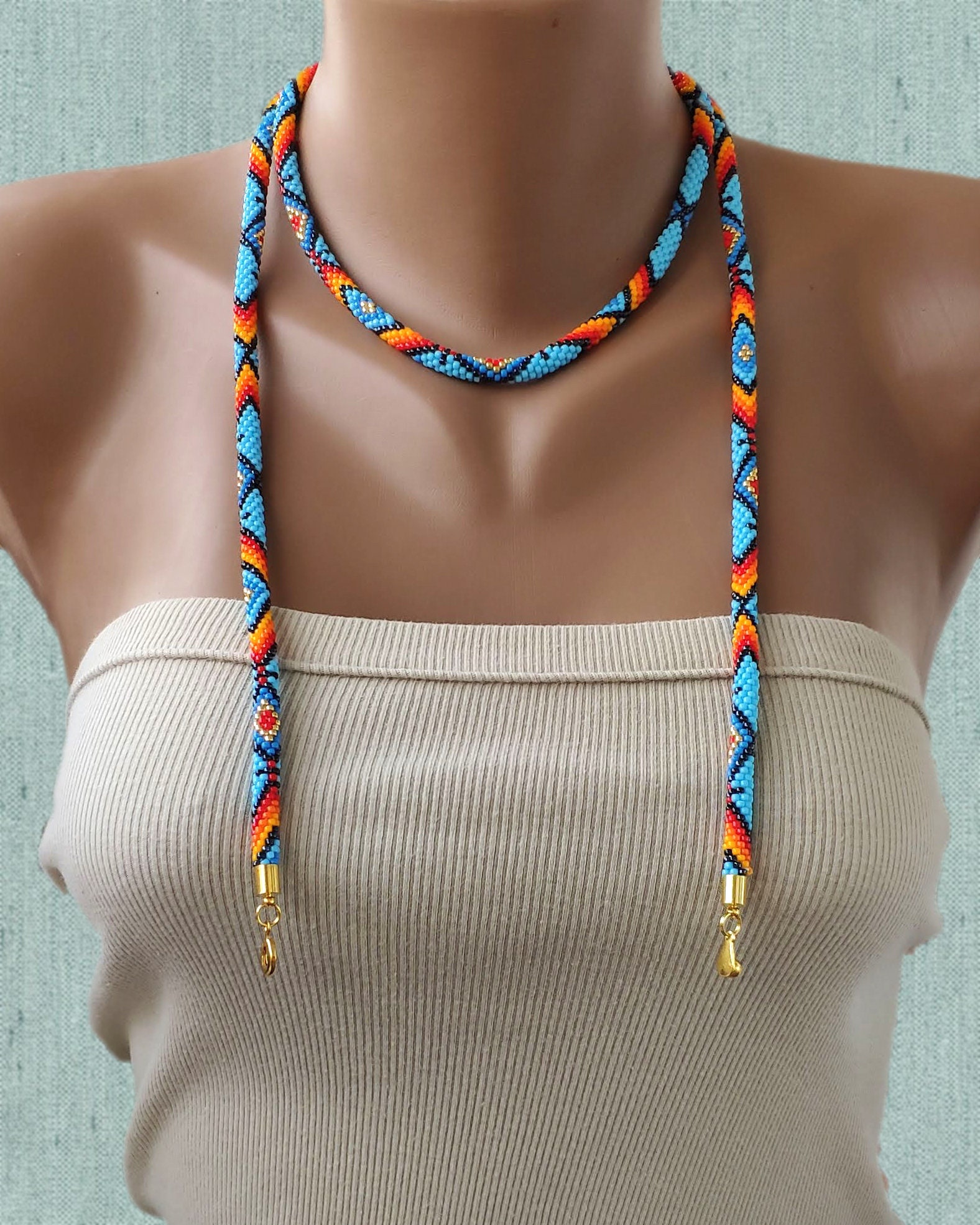 Native American Style Necklace Thin Rope Necklace Long Crochet Bead ...