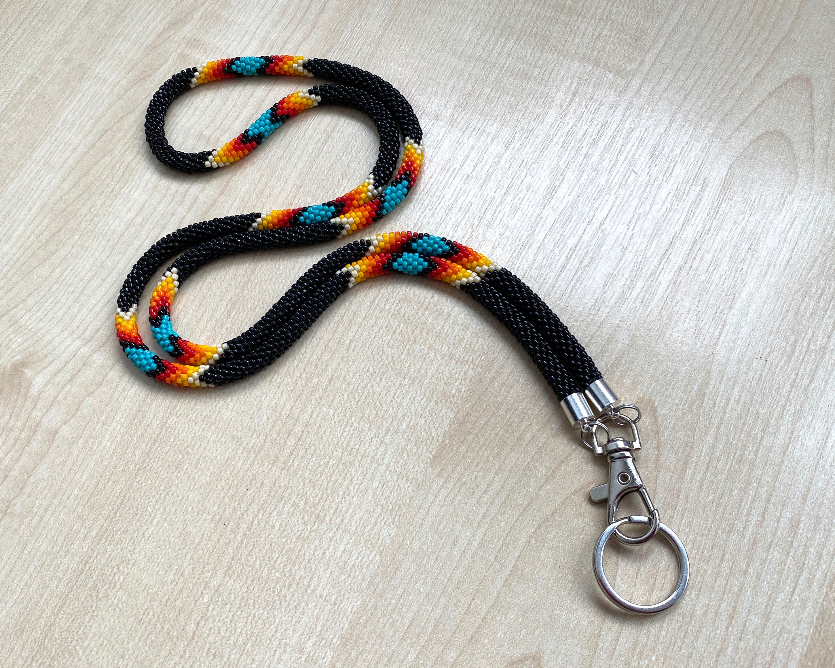 Native American Inspired Beaded Lanyard ID Card Holder Ethnic Style ...
