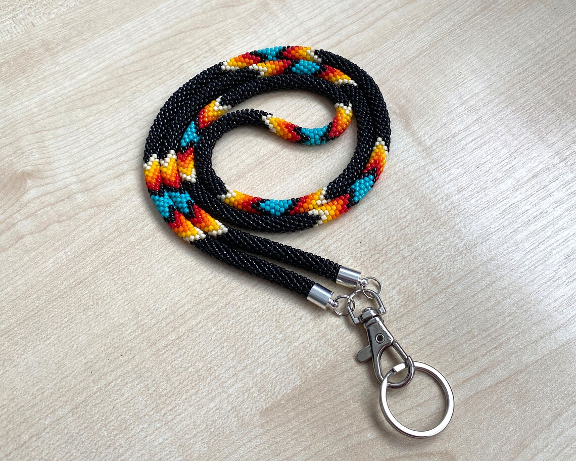 Native American Inspired Beaded Lanyard ID Card Holder Ethnic Style ...