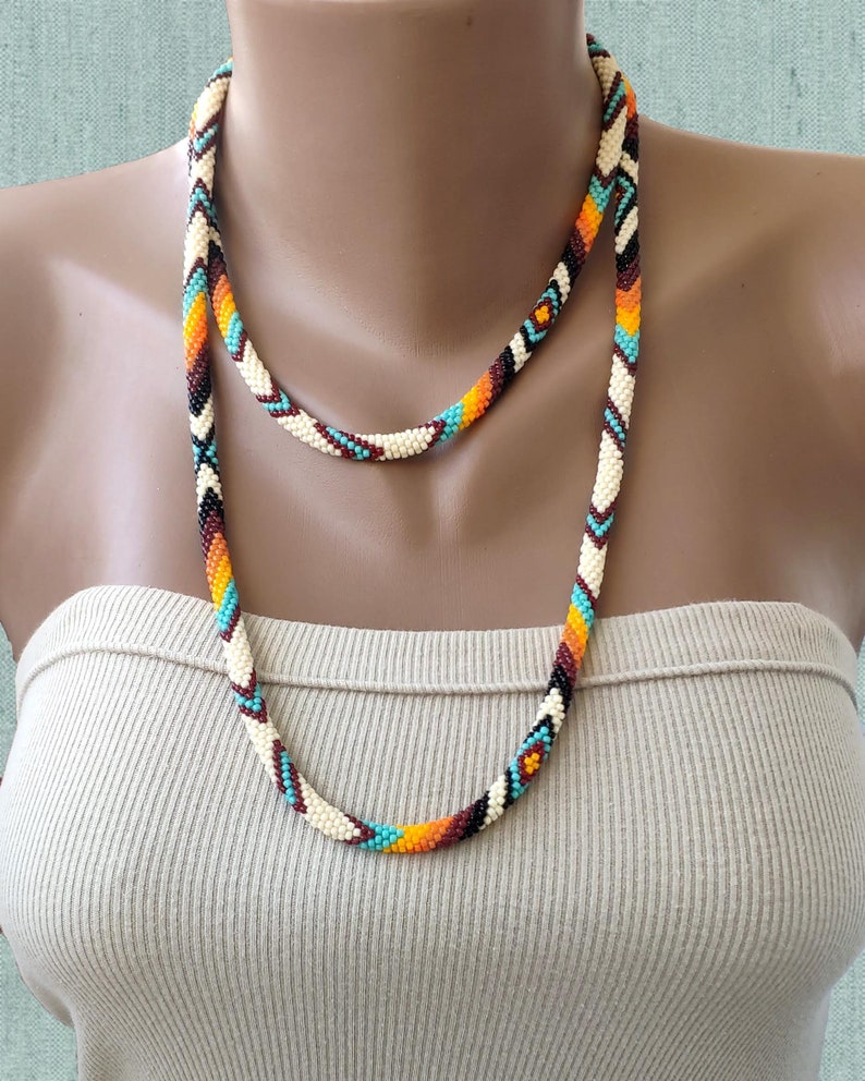 Native American Indian Style Necklace Thin Rope Necklace Long Crochet ...