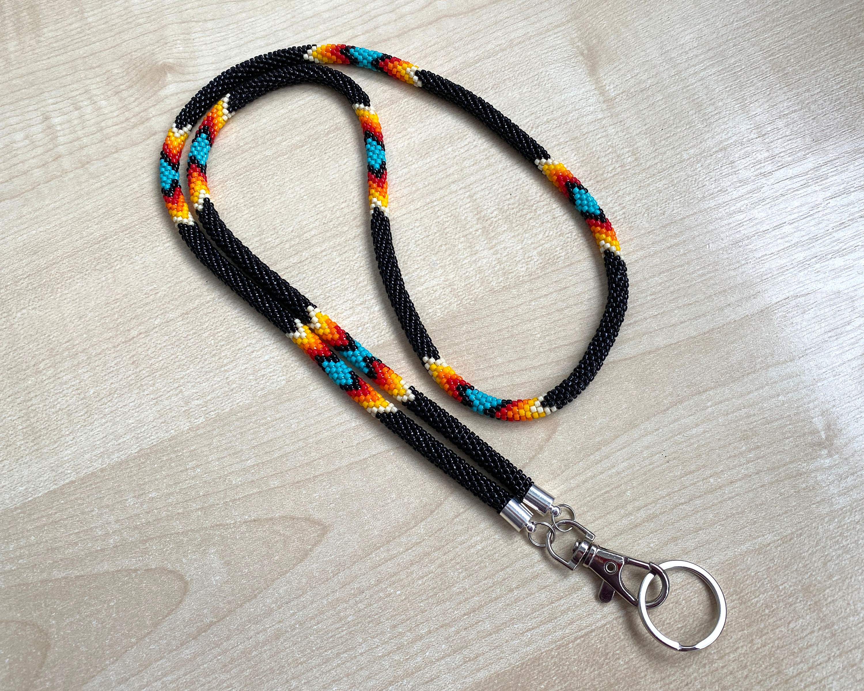 Native American Inspired Beaded Lanyard ID Card Holder Ethnic Style ...