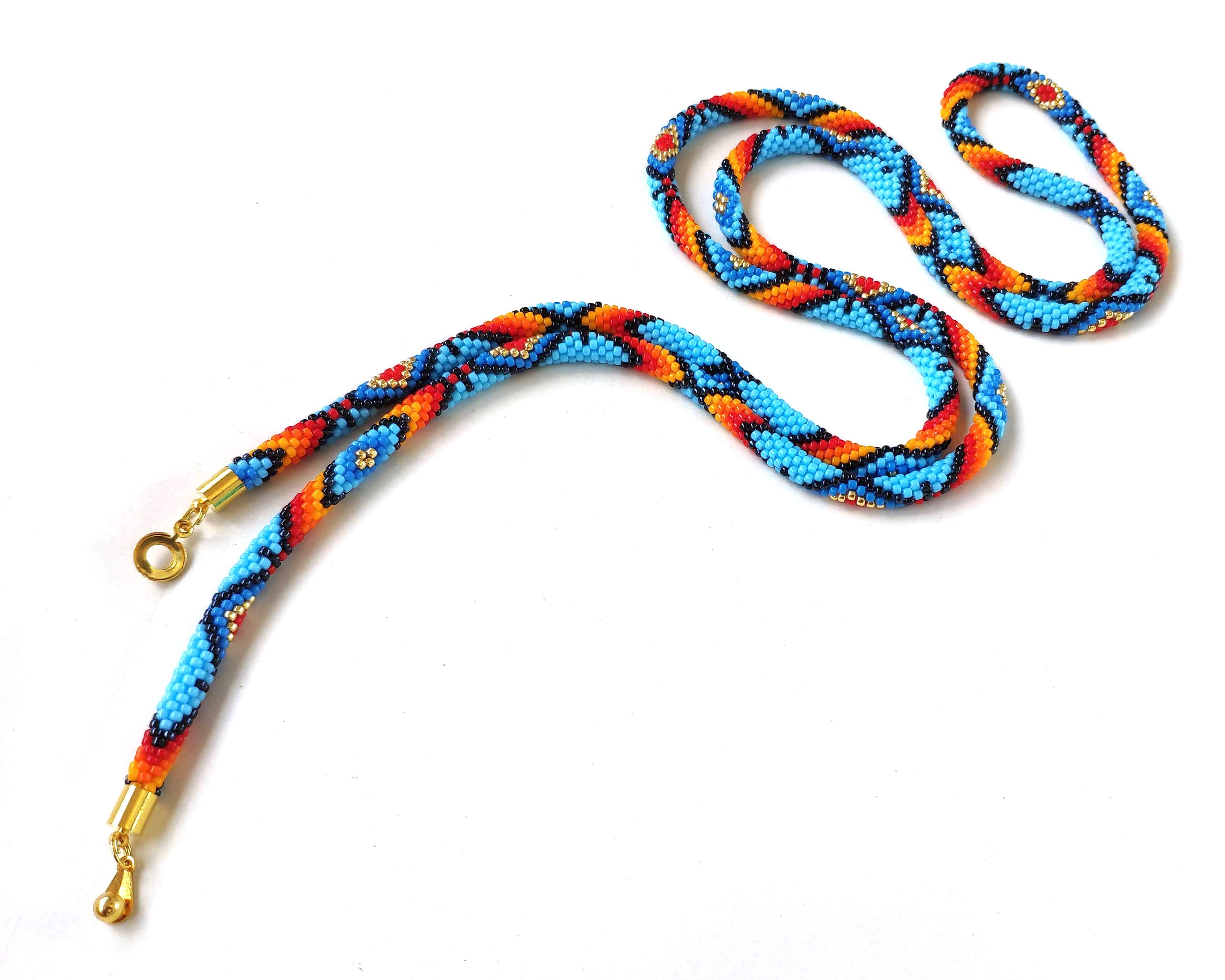 Native American Style Necklace, Thin Rope Necklace, Long Crochet Bead ...