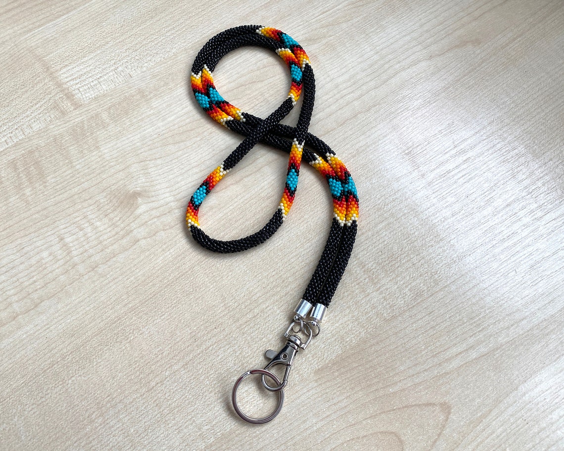 Native American Inspired Beaded Lanyard ID Card Holder Ethnic Style ...