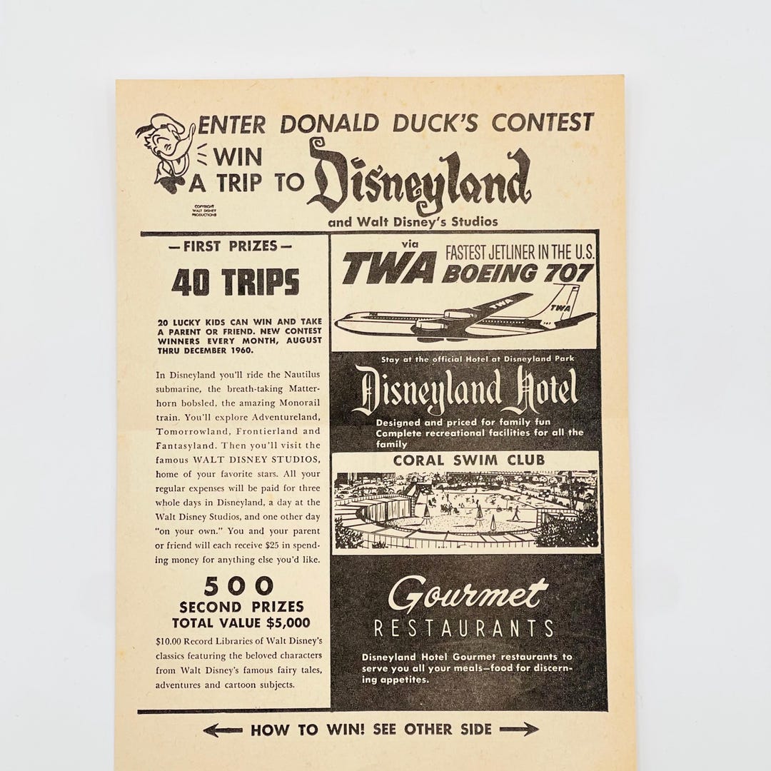 Rare 1960 Donald Duck Contest to Disneyland TWA Flyer Authentic ...