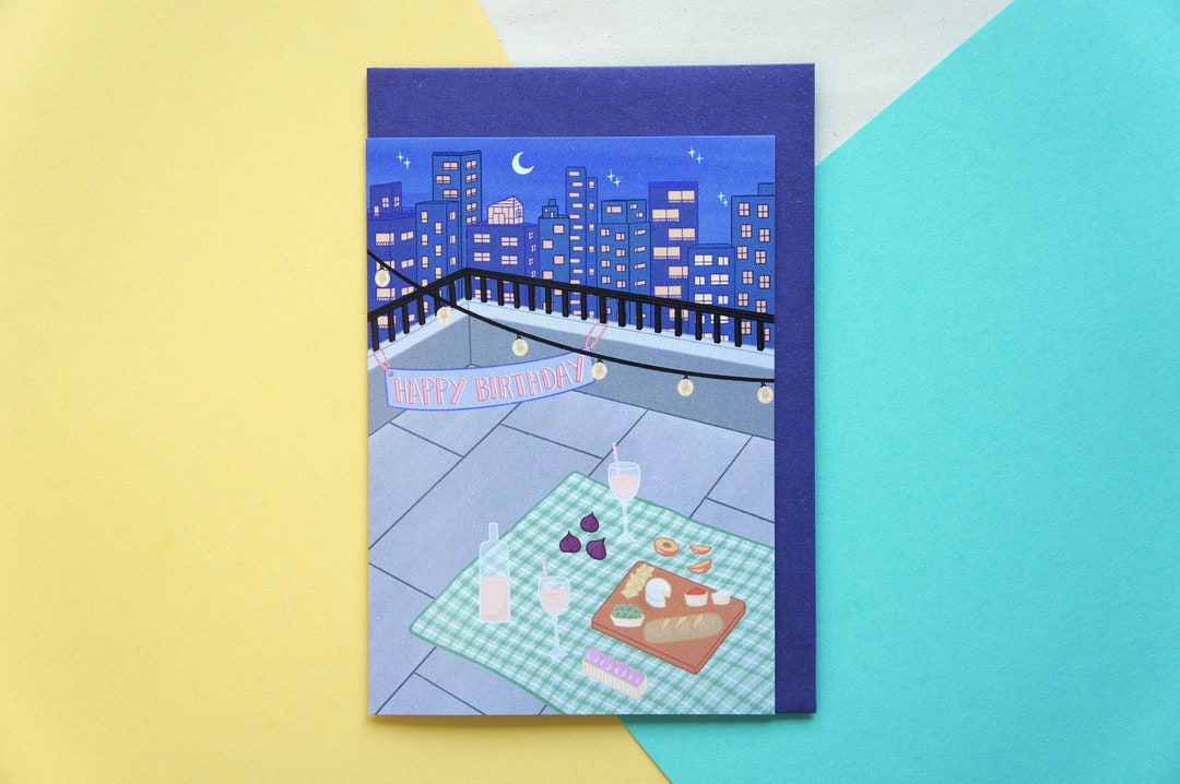 Rooftop Picnic Birthday Card, Illustrated Greeting Card, Rooftop Party ...