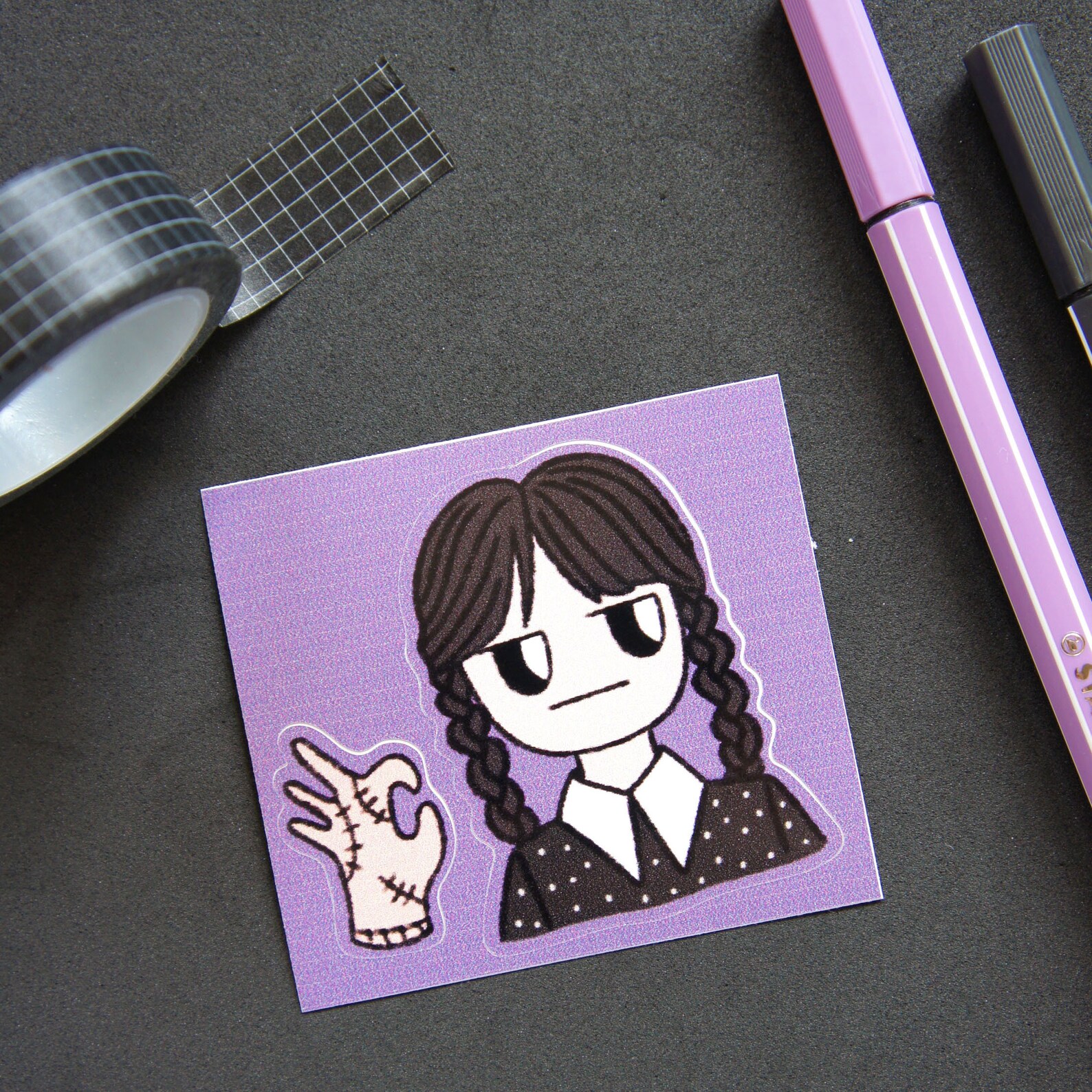 Wednesday Addams and Thing Sticker, Illustrated Kiss Cut Vinyl Sticker ...