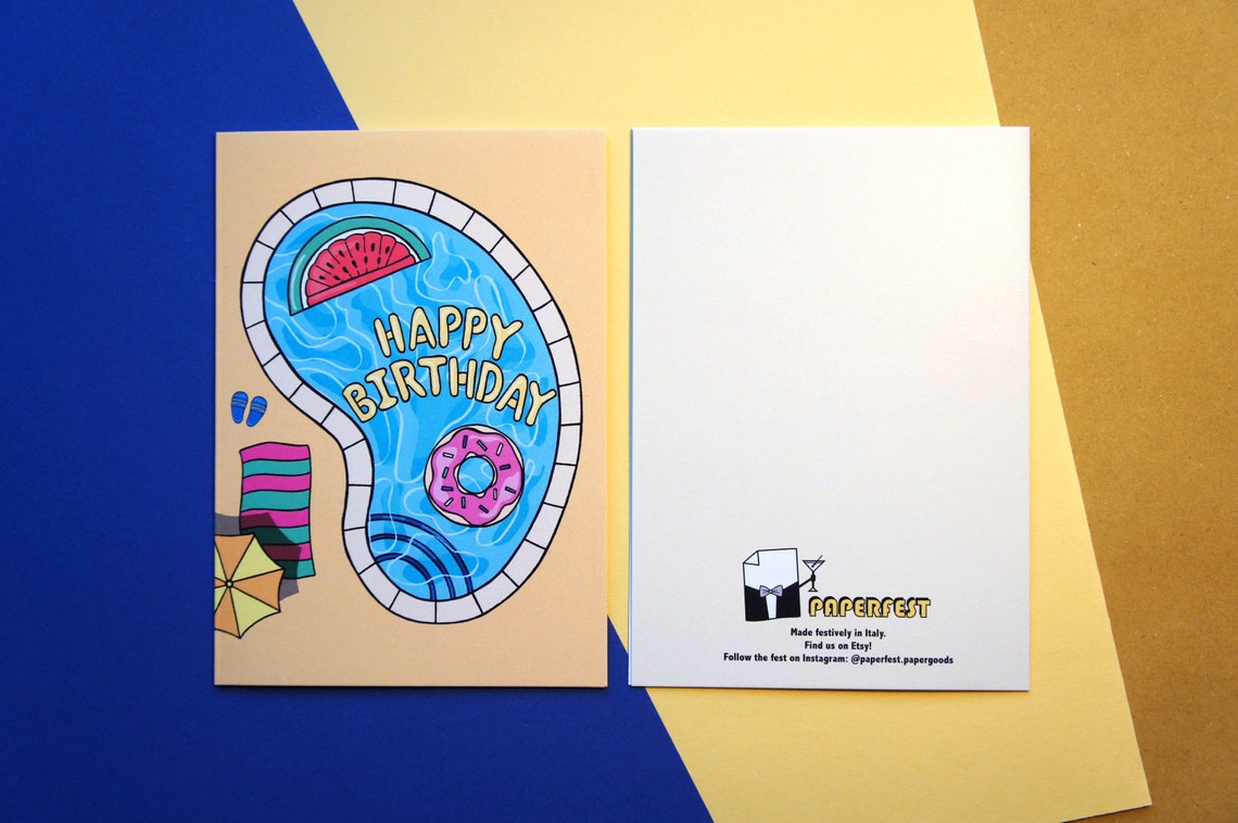 Pool Party Birthday Card Illustrated Greeting Card Cute Summer Card - Etsy