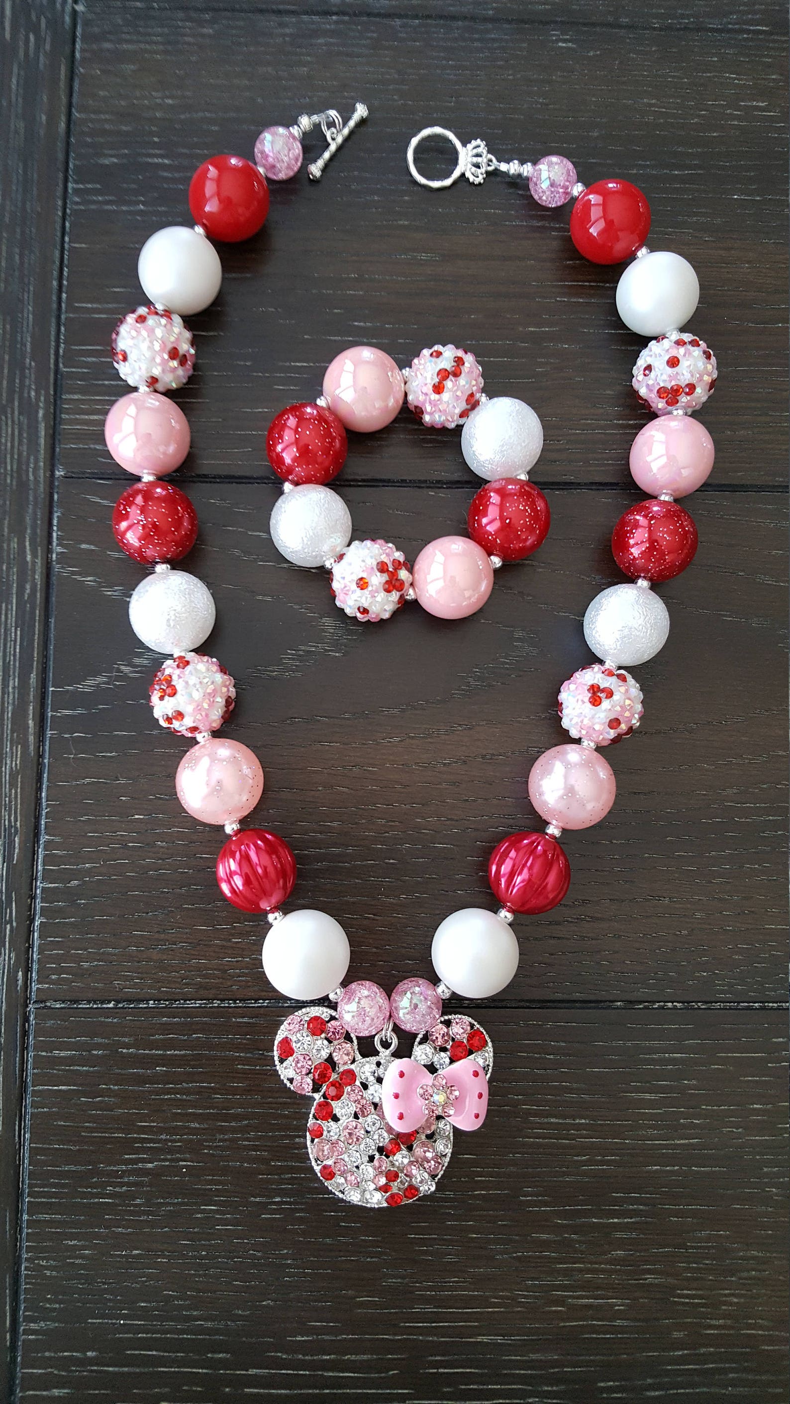 Rhinestone Minnie Mouse Inspired Pendant Chunky Bubblegum Bead Necklace ...