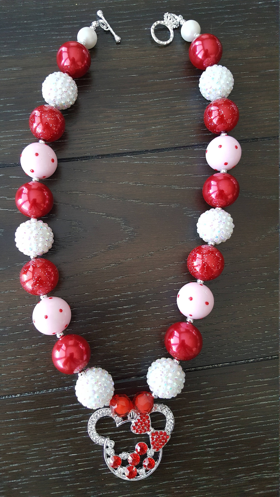 Rhinestone Minnie Mouse Inspired Pendant Chunky Bubblegum Bead Necklace ...