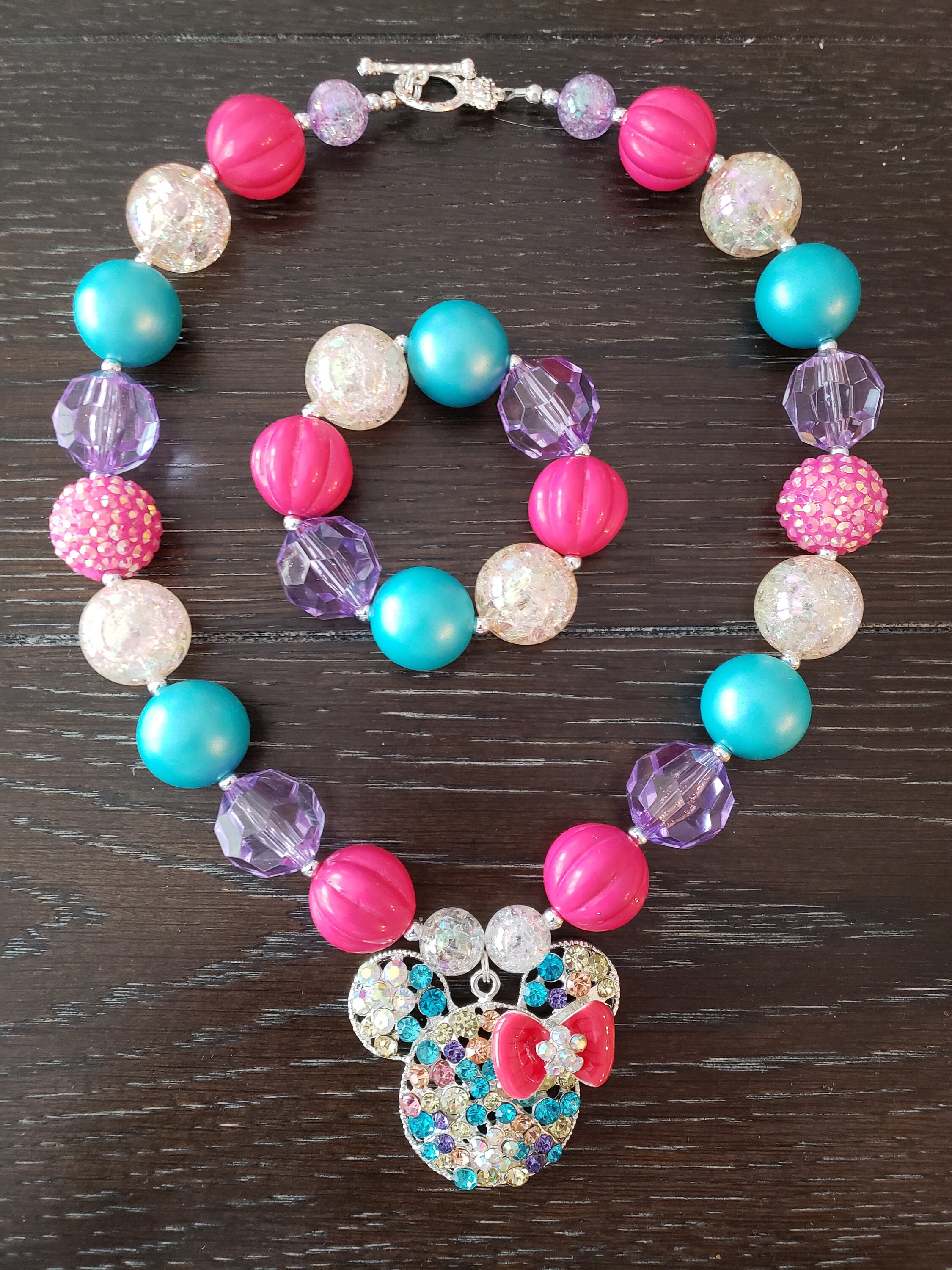 Minnie Mouse Inspired Chunky Bubblegum Bead Necklace & Bracelet/ Disney ...
