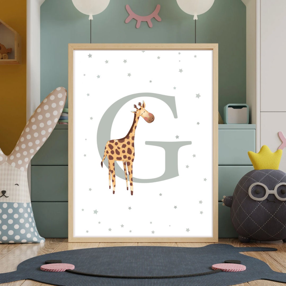 Green Giraffe Letter G Illustration Kids Room. Nursery Wall Art ...
