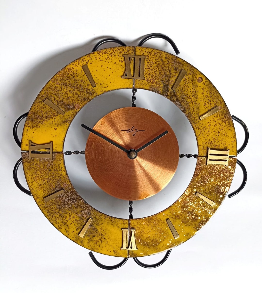 Yellow Enamel Wall Clock by EBG Copper Brass Germany Vintage 60's 70's ...