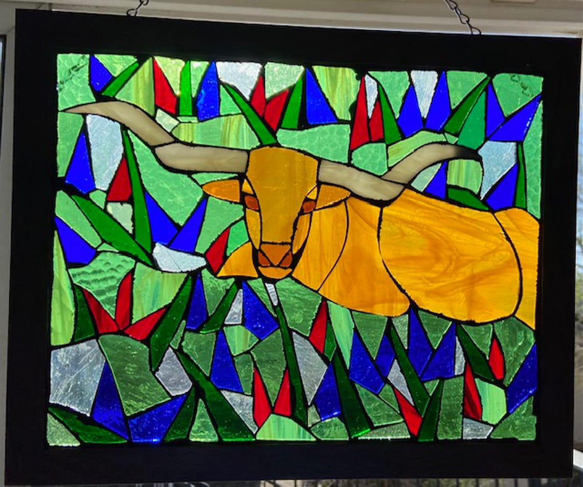 Mosaic Stained Glass Longhorn in a Field of Bluebonnets | Etsy