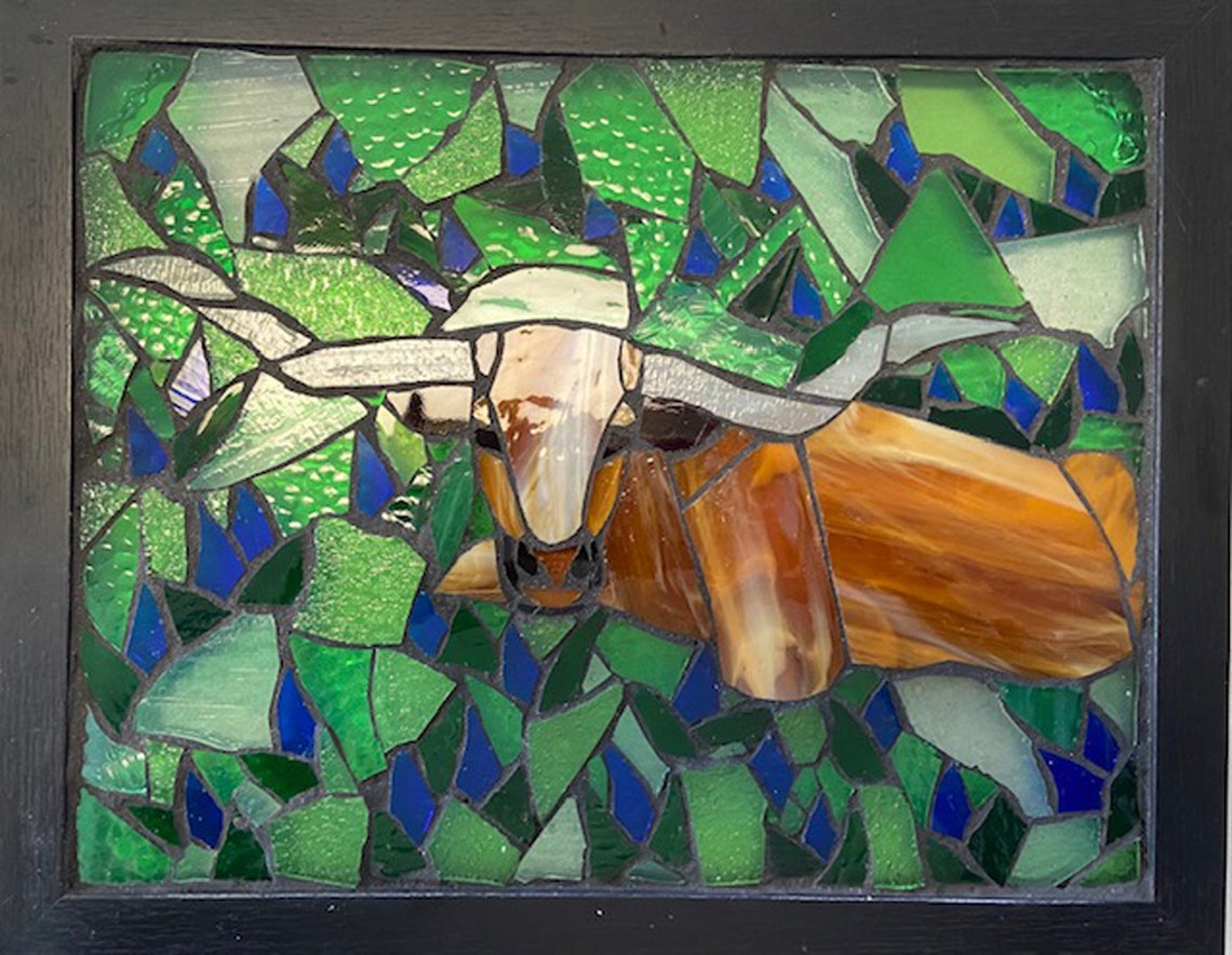 Mosaic Stained Glass Longhorn in a Field of Bluebonnets | Etsy