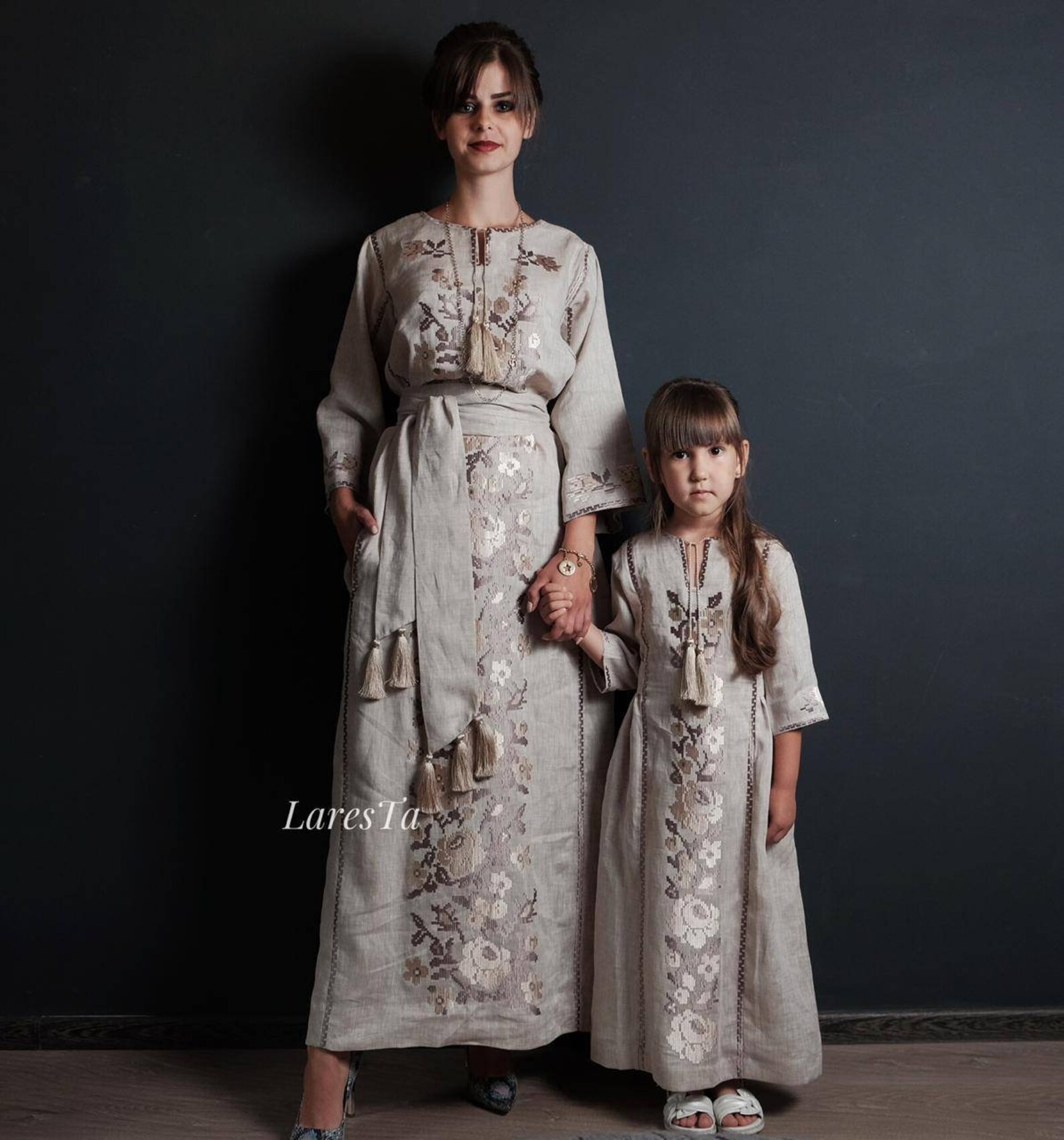 Earth Colors Natural Linen Embroidered Dresses for Mother and - Etsy