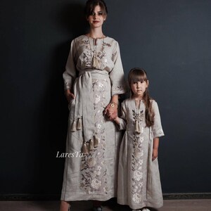 Earth Colors Natural Linen Embroidered Dresses for Mother and - Etsy