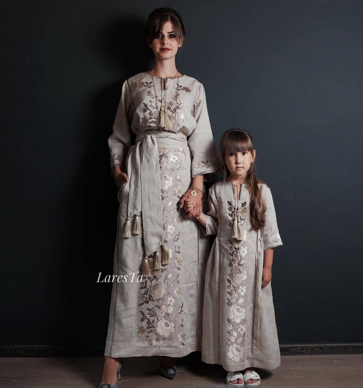 Earth Colors Natural Linen Embroidered Dresses for Mother and - Etsy
