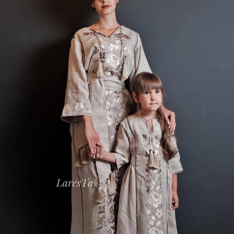 Earth Colors Natural Linen Embroidered Dresses for Mother and - Etsy