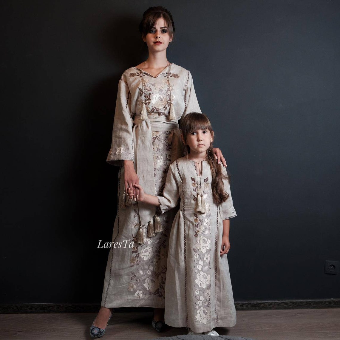 Earth Colors Natural Linen Embroidered Dresses for Mother and - Etsy