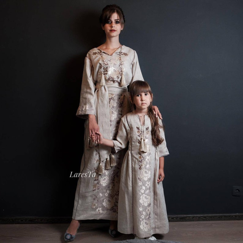 Earth Colors Natural Linen Embroidered Dresses for Mother and - Etsy