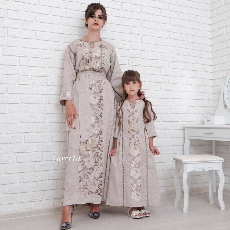 Earth Colors Natural Linen Embroidered Dresses for Mother and - Etsy