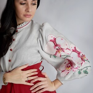 Embroidered Blouse With Dramatic Sleeves. Gray Linen Top With - Etsy