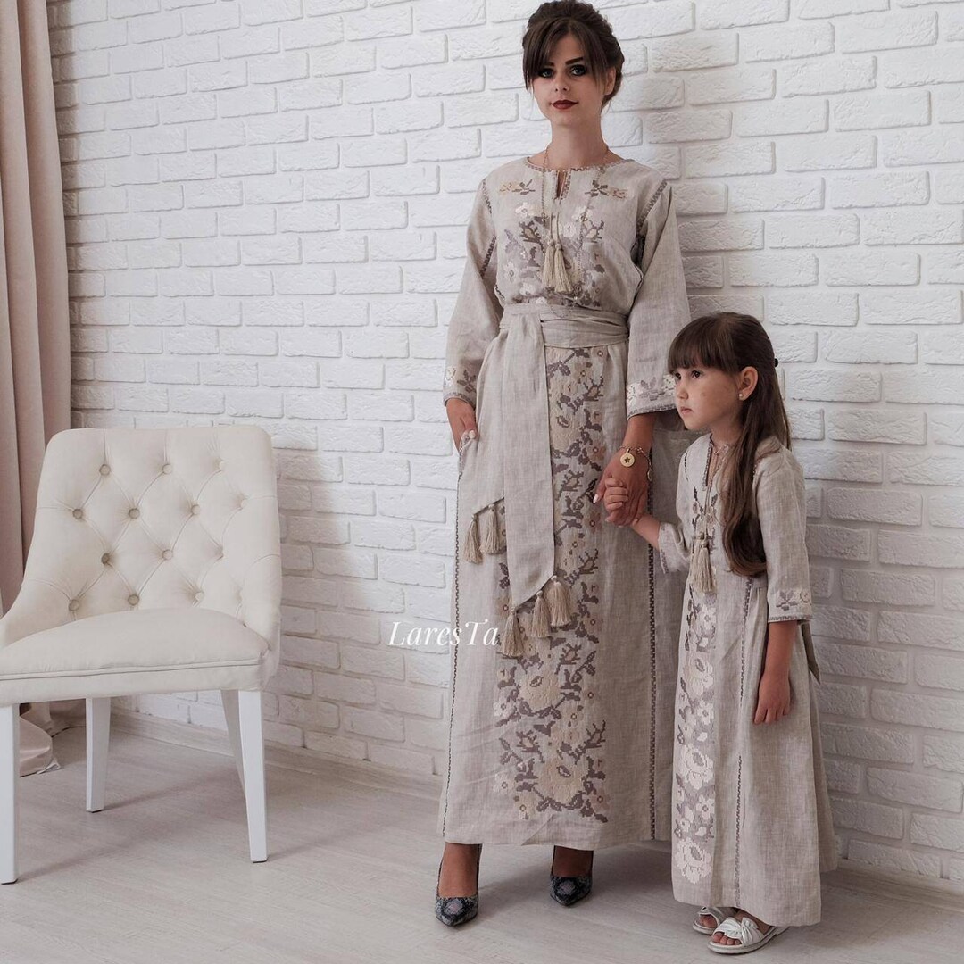 Earth Colors Natural Linen Embroidered Dresses for Mother and - Etsy